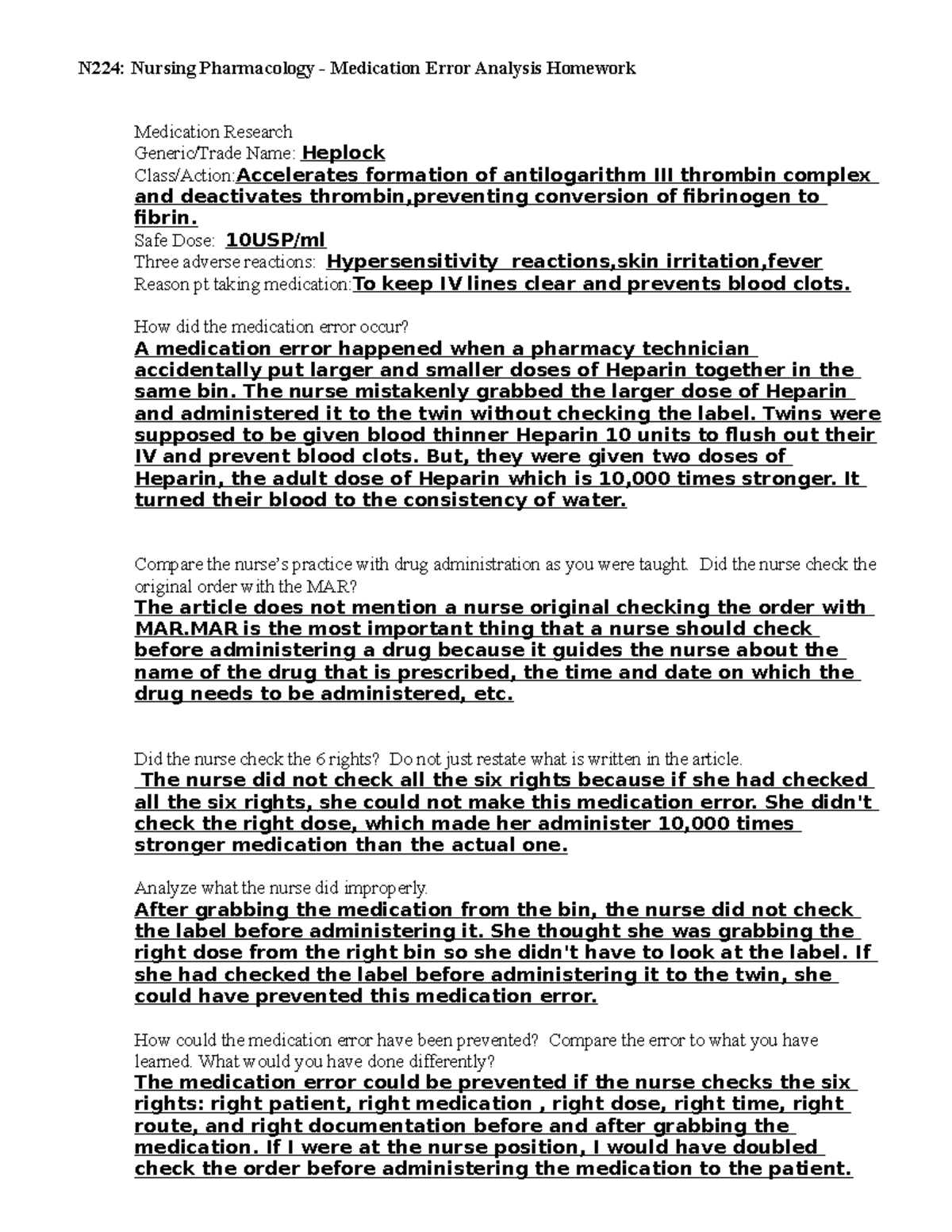 Medication error homework - N224: Nursing Pharmacology - Medication ...