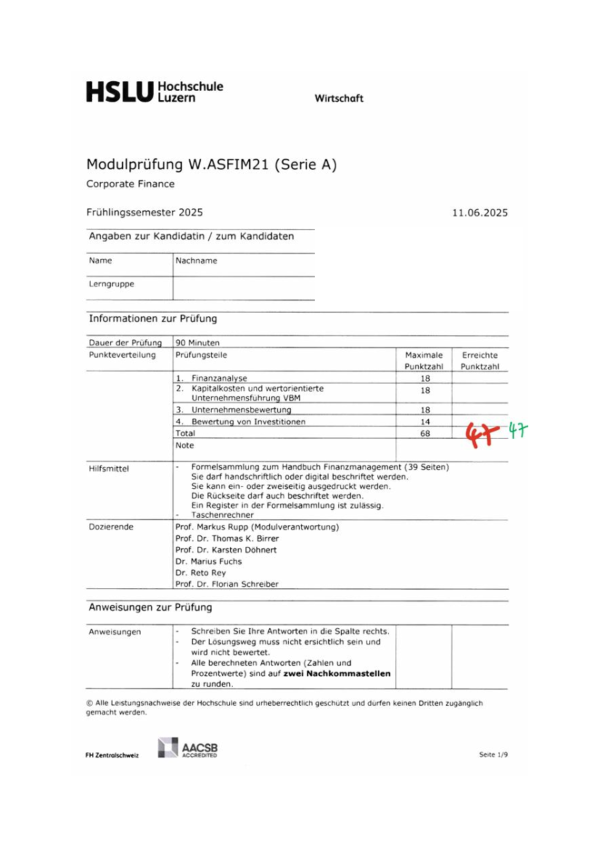 HSLU W.ASFIM21 Modulprüfung Corporate Finance Frühlingssemester 2025 ...