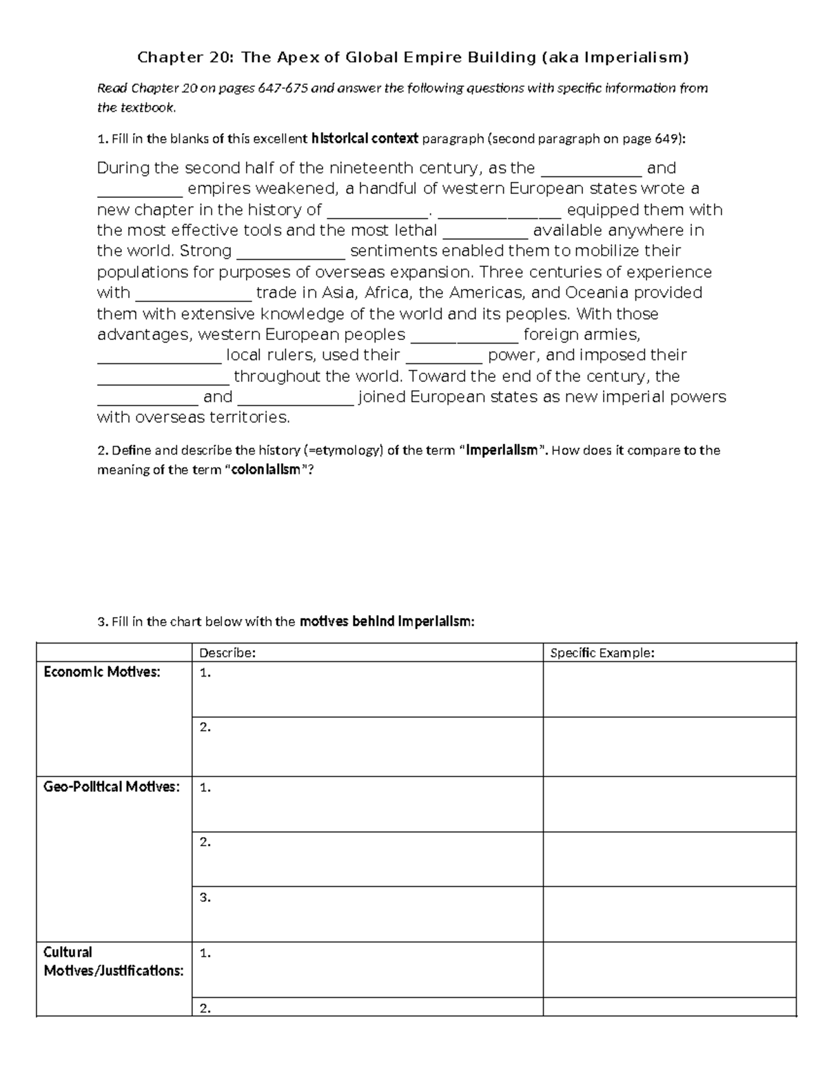 Chapter 20: Imperialism Reading Questions (HIST 101) - Studocu