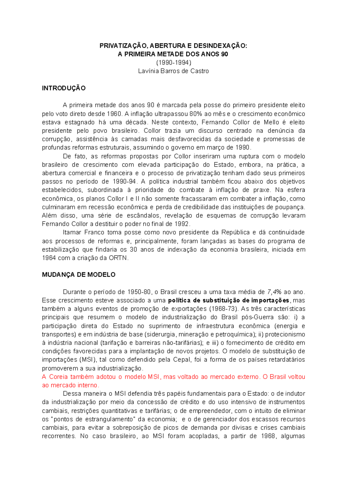 Resenha Crítica: Privatização e Reformas Econômicas (1990-1994) - Studocu
