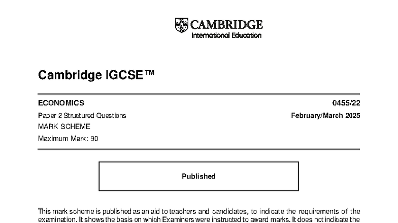 Cambridge IGCSE ECONOMICS 0455 Paper 2 Mark Scheme 2025 - Studocu