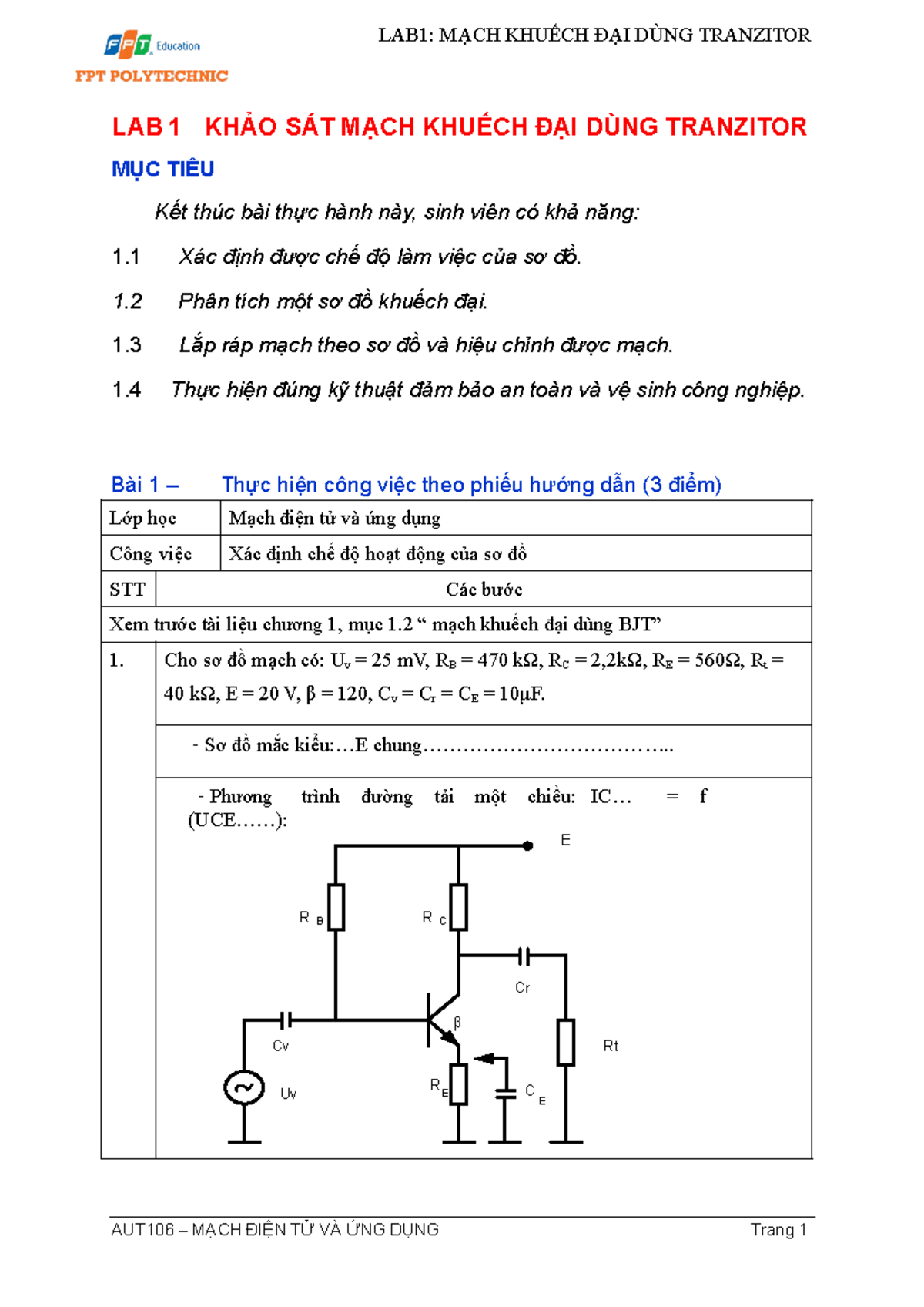 AUT106 - Lab 1: Khảo Sát Mạch Khuếch Đại Dùng Transistor - Studocu