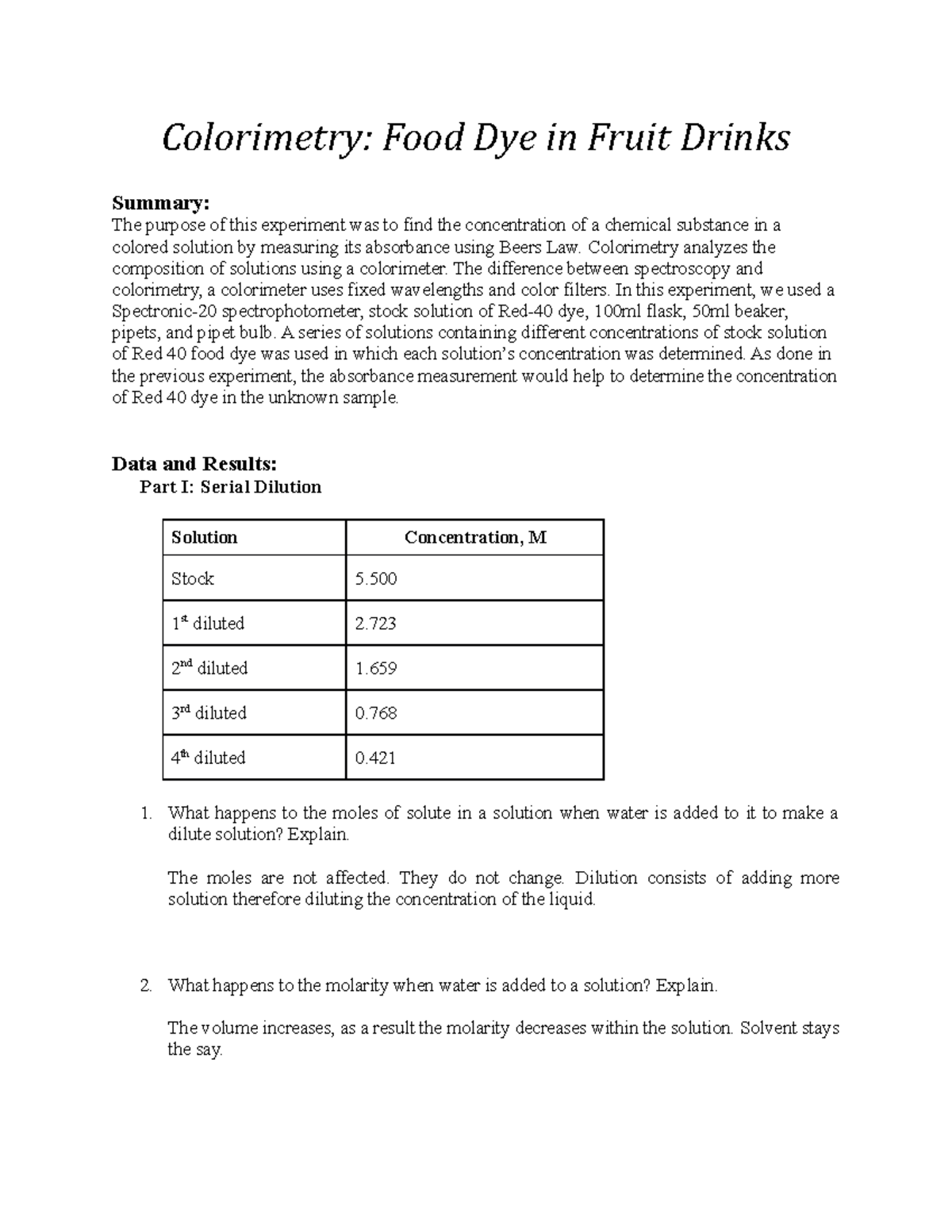 Lab10 Report: Colorimetry Analysis of Food Dye in Fruit Drinks - Studocu