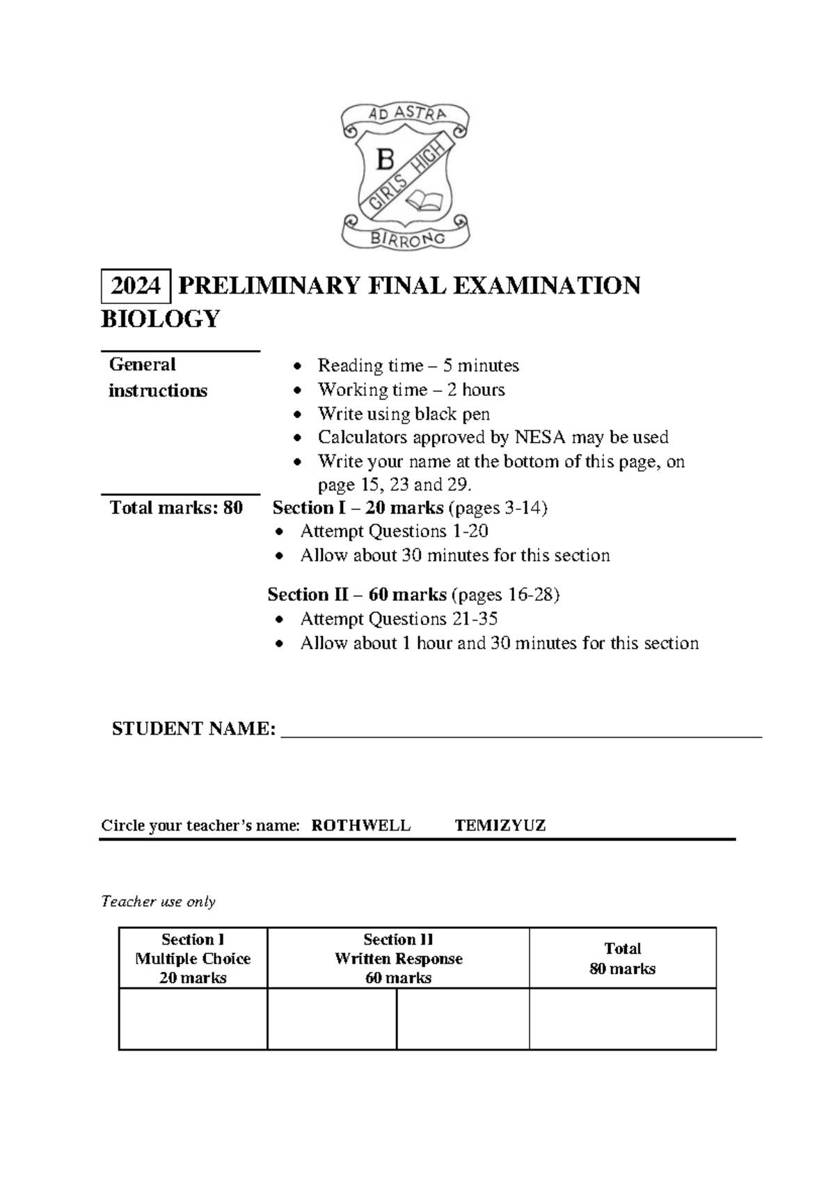 2024 BIOLOGY Preliminary Final Exam Instructions and Questions - Studocu