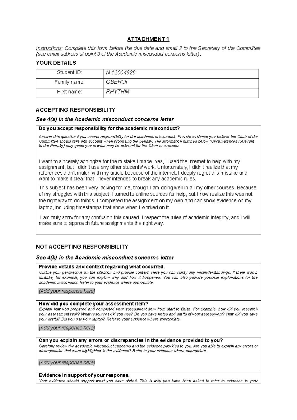 QUT Academic Misconduct Response Form: Accepting Responsibility - Studocu