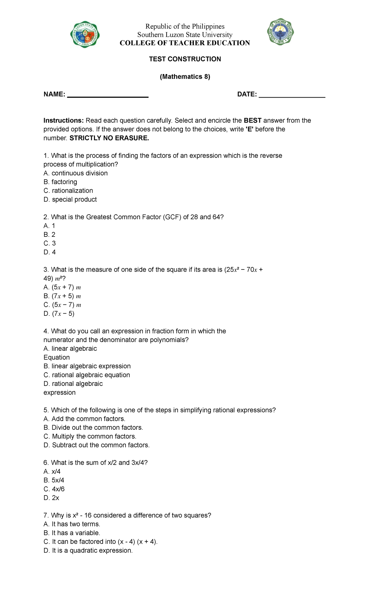 Mathematics 8 Test Construction Template for Educators - Studocu