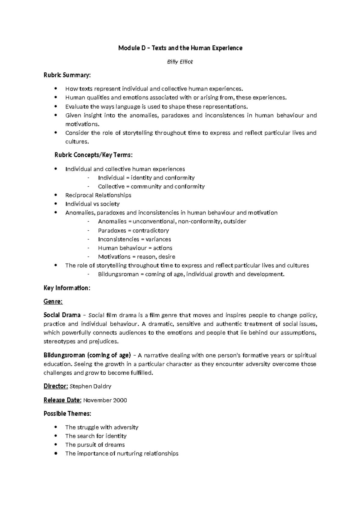 Module D - Billy Elliot - Module D – Texts and the Human Experience ...
