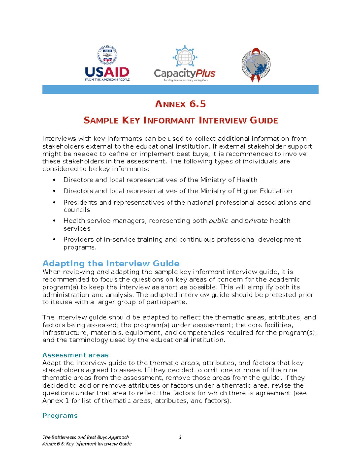 Sample Key Informant Interview Guide - Annex 6.5 - Studocu