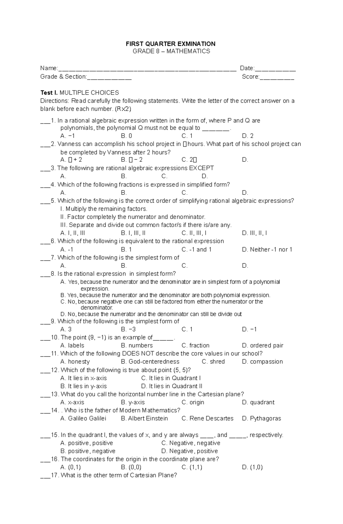 MAT 8 Final Exam - First Quarter Summative Test Document - Studocu