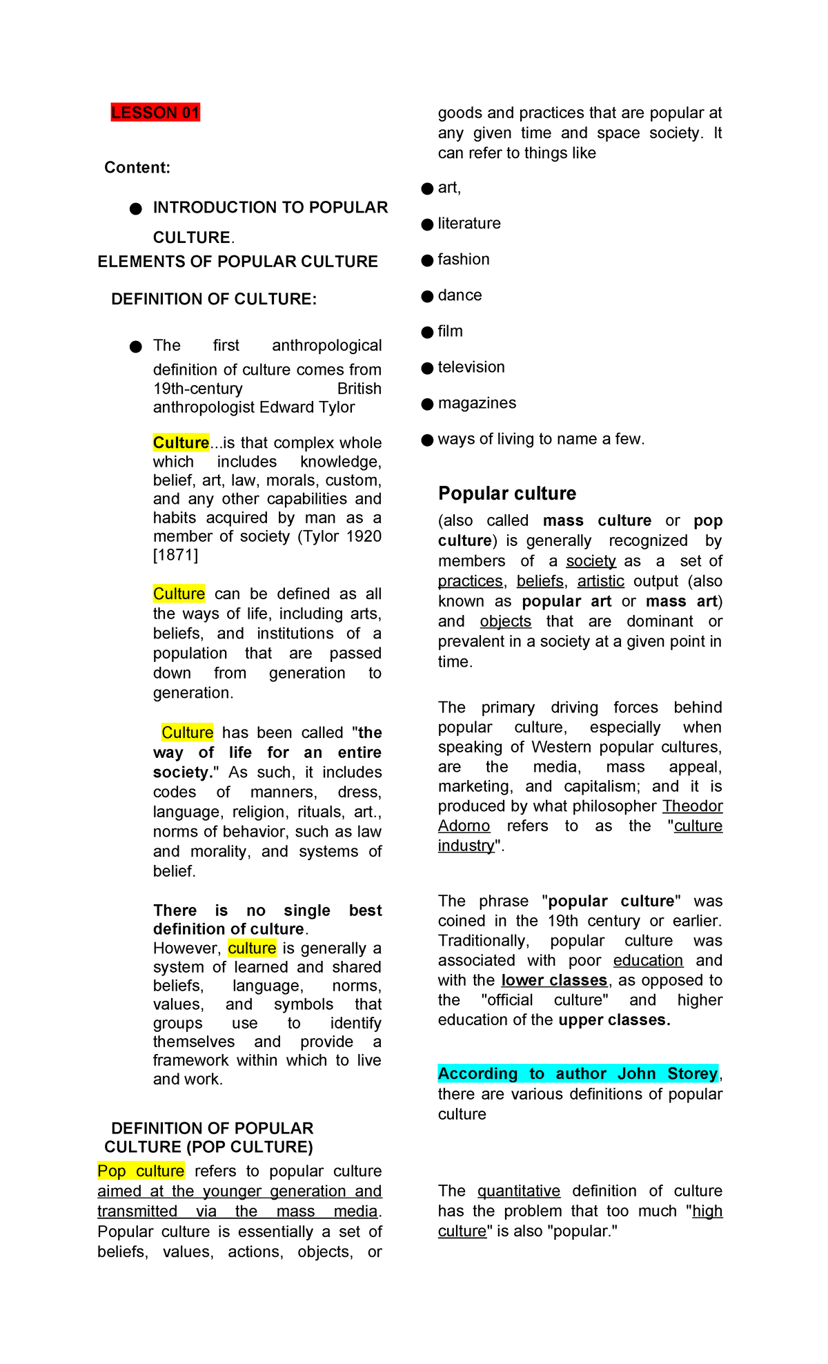 PPC- Lesson 01: Introduction to Popular Culture and Its Elements - Studocu