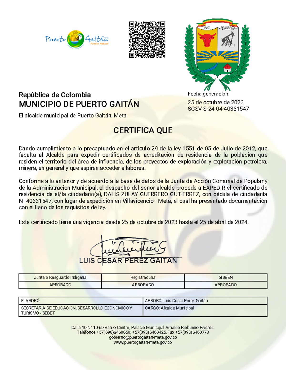 Certificado de Residencia - Municipio de Puerto Gaitán, Meta 2023 - Studocu