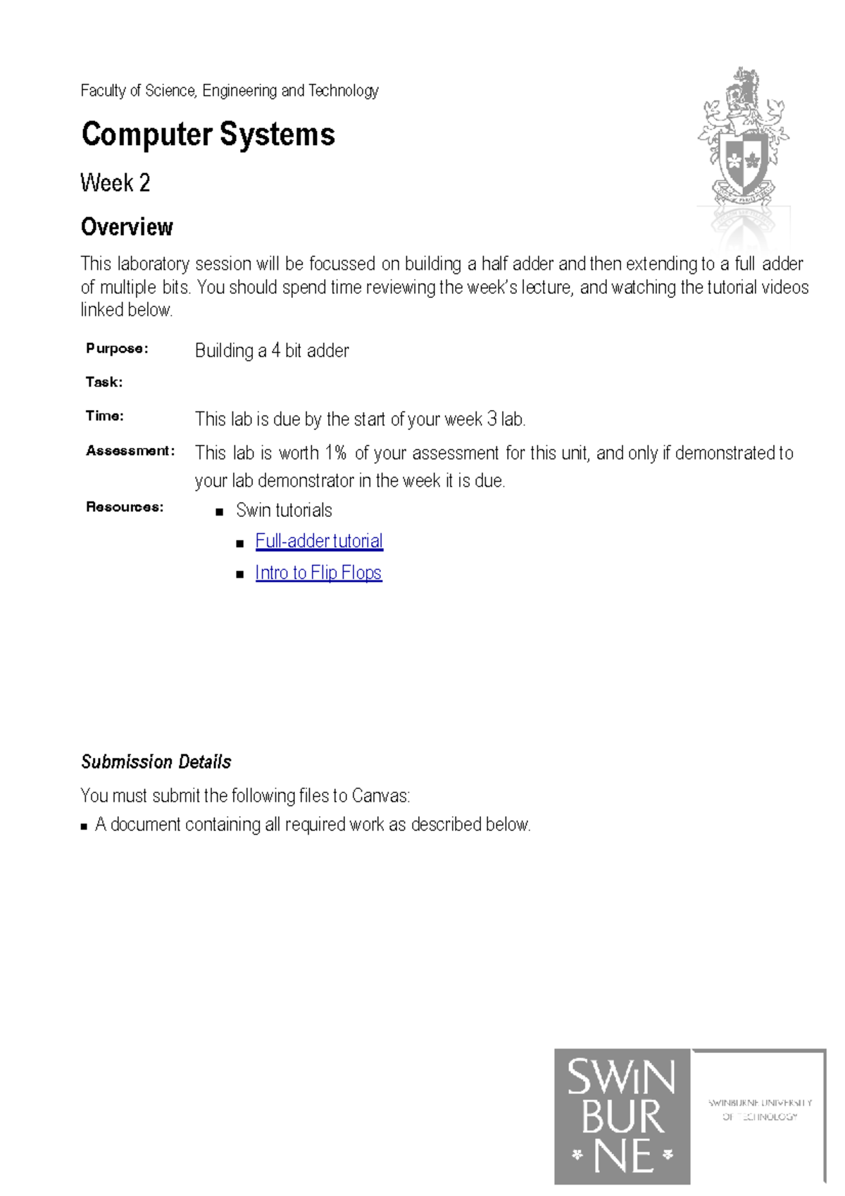 Computer Systems Week 2 Lab: Building a 4-Bit Adder Overview - Studocu