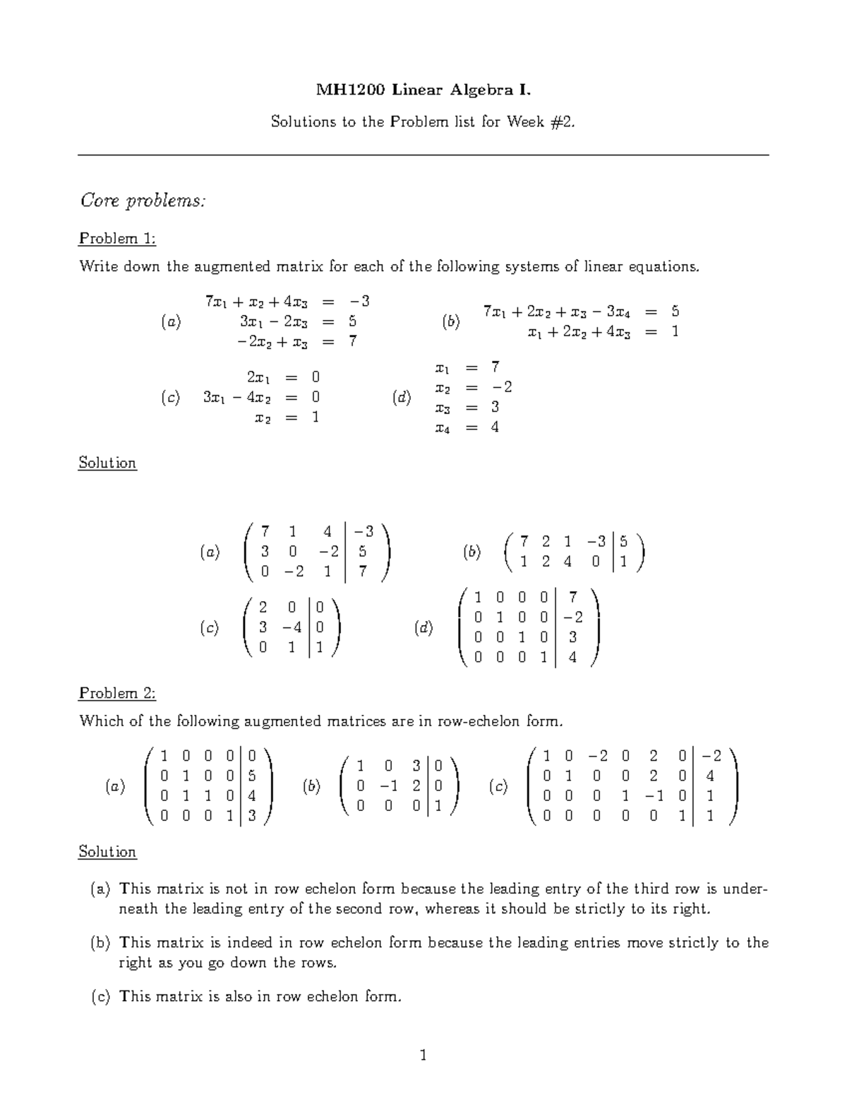 Problem Set 2Solutions - MH1200 Linear Algebra I. Solutions to the ...