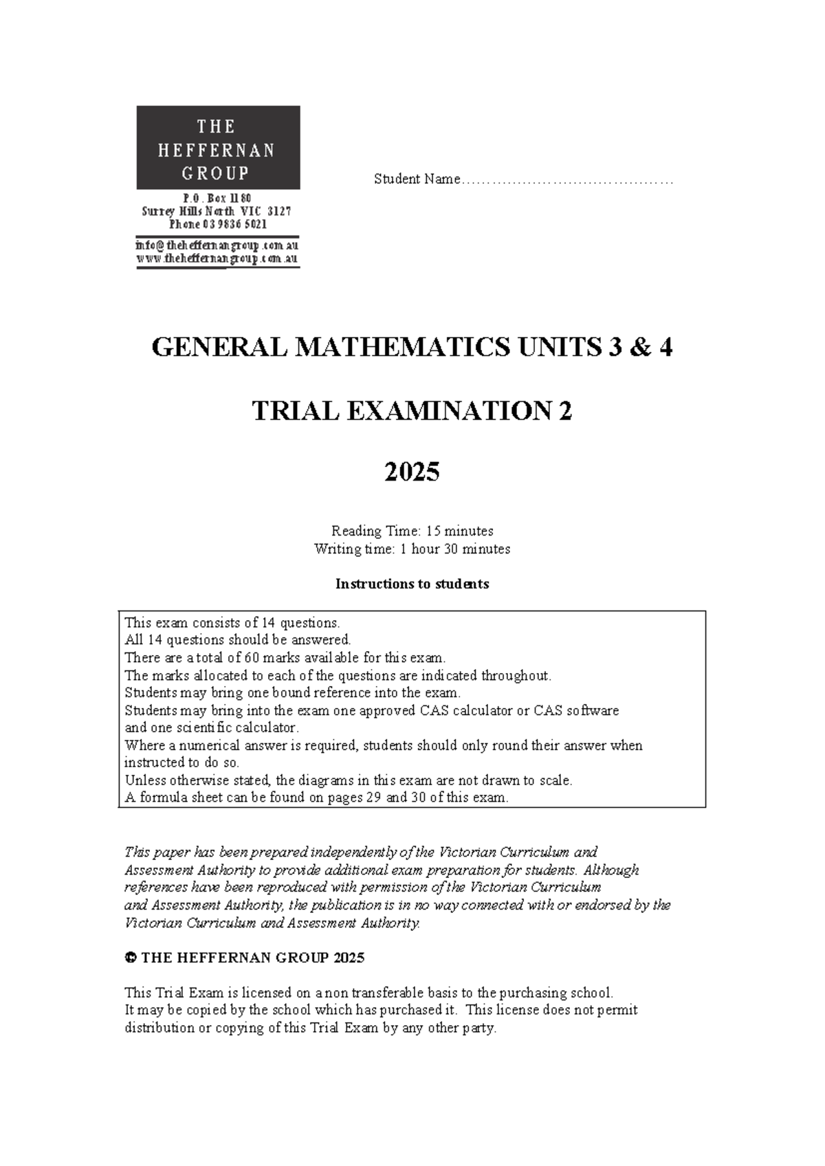 2025 General Maths Units 3 & 4 Trial Exam 2 - Studocu