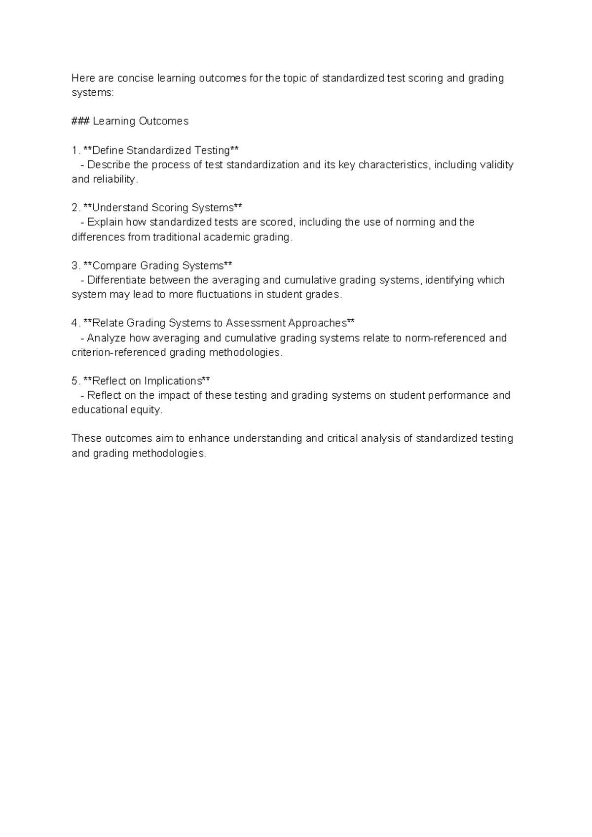 Standardized Testing & Grading Systems Outcomes - Jwn - Studocu
