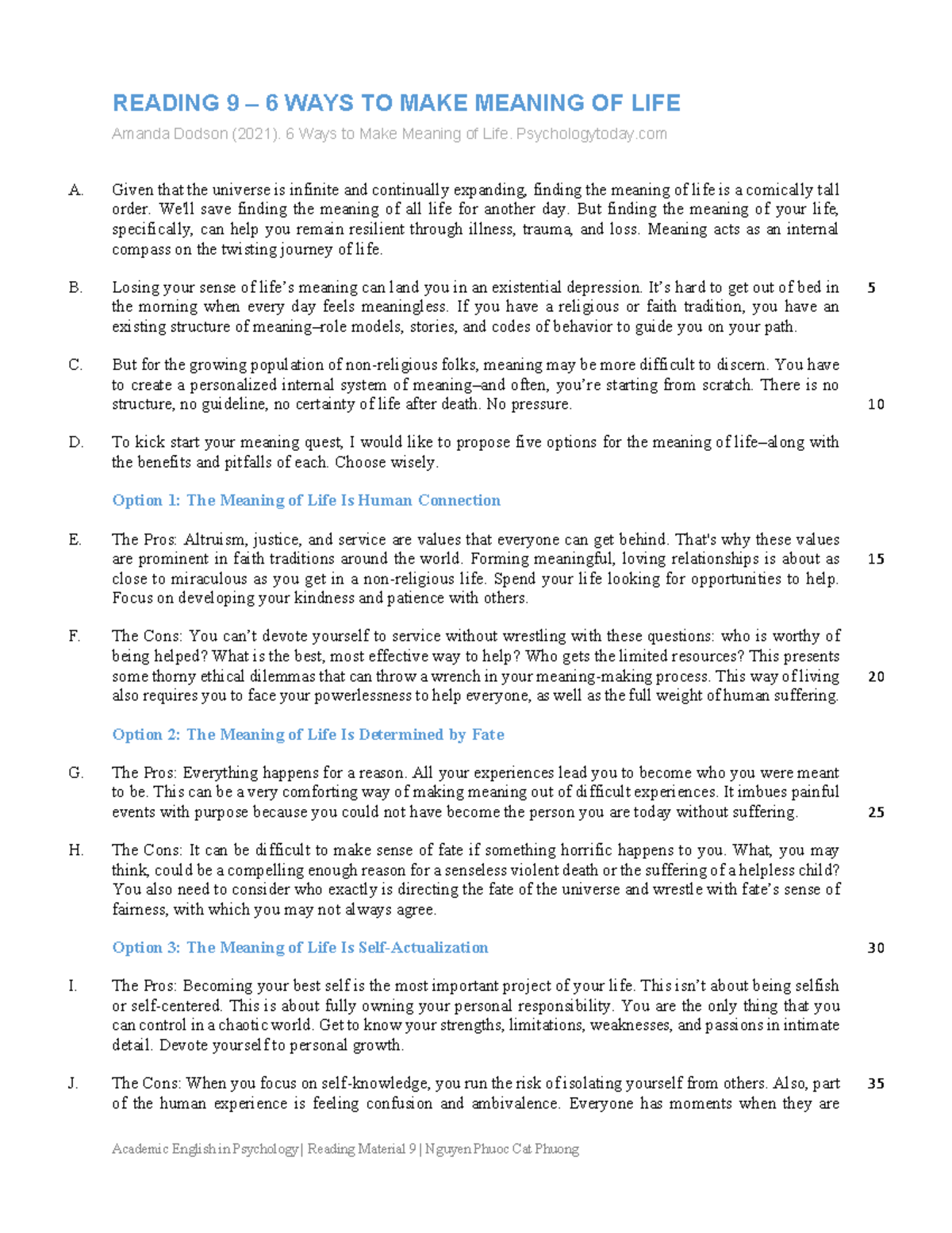 Reading 9 6 Ways to Make Meaning of Life - Academic English in ...