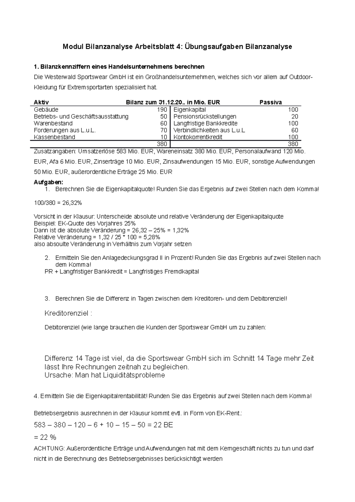 Modul Bilanzanalyse Arbeitsblatt 4 - Aktiv Bilanz zum 31.12.. in Mio ...