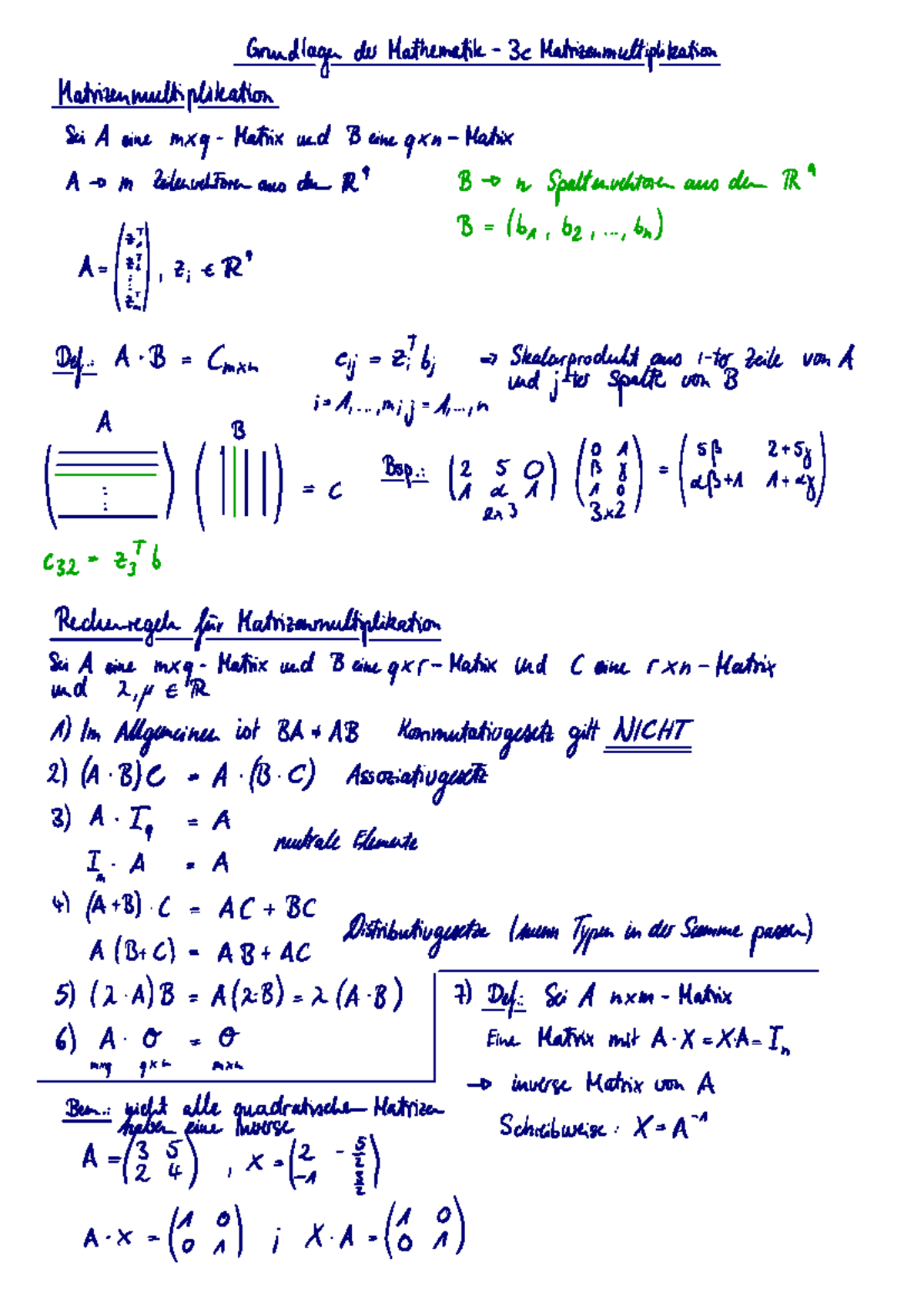Matrizenmultiplikation Grundlagen und Rechenregeln für 3c - Studocu