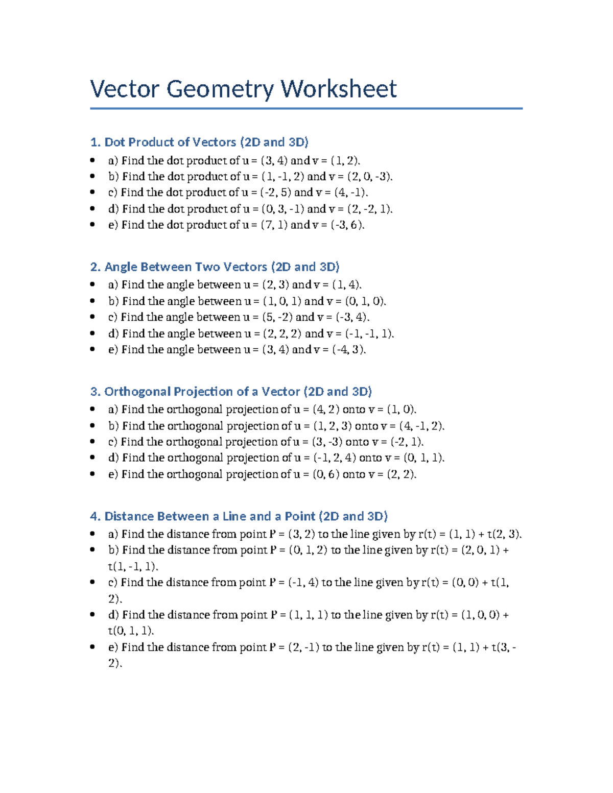 Vector Geometry Worksheet 1: Dot Product & Projections - Studocu