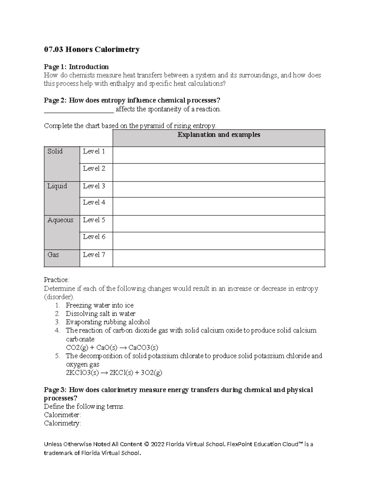 07 03 Honors Calorimetry Study Notes on Heat Transfer and Entropy - Studocu