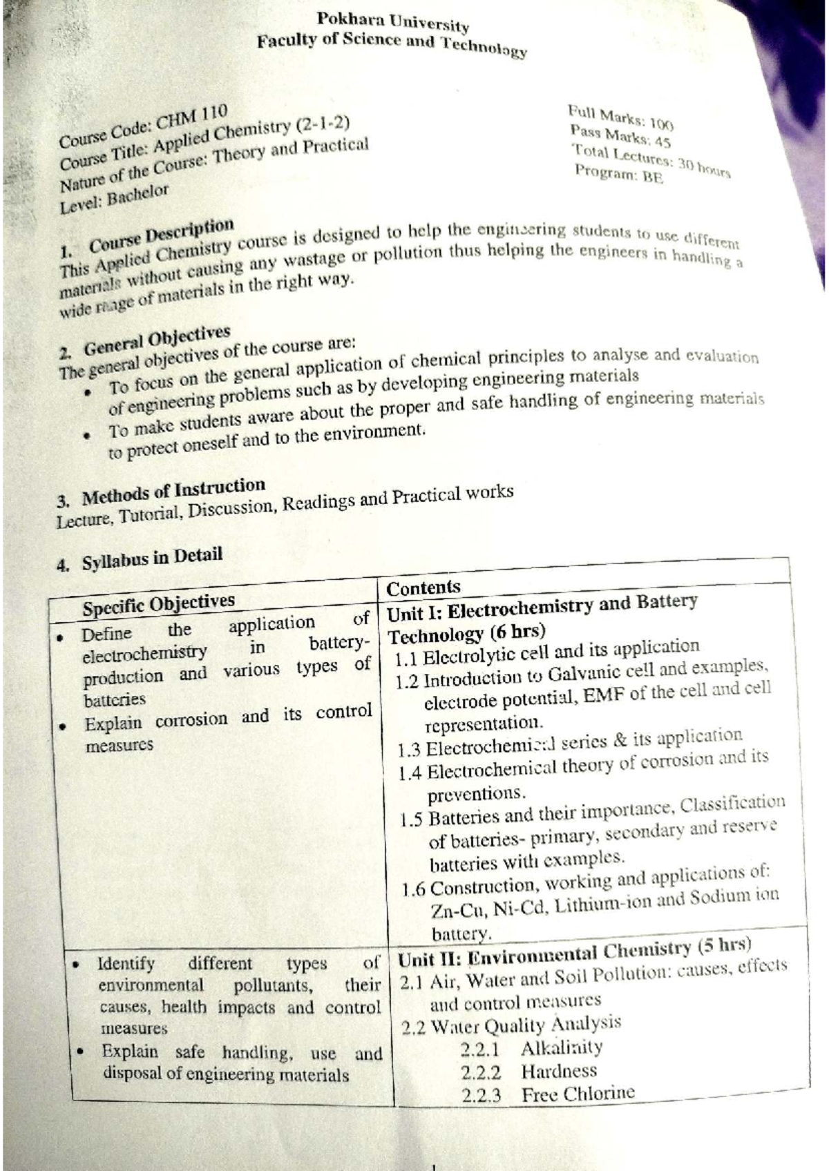CHM 110 - Applied Chemistry Syllabus Overview for Engineering Students ...