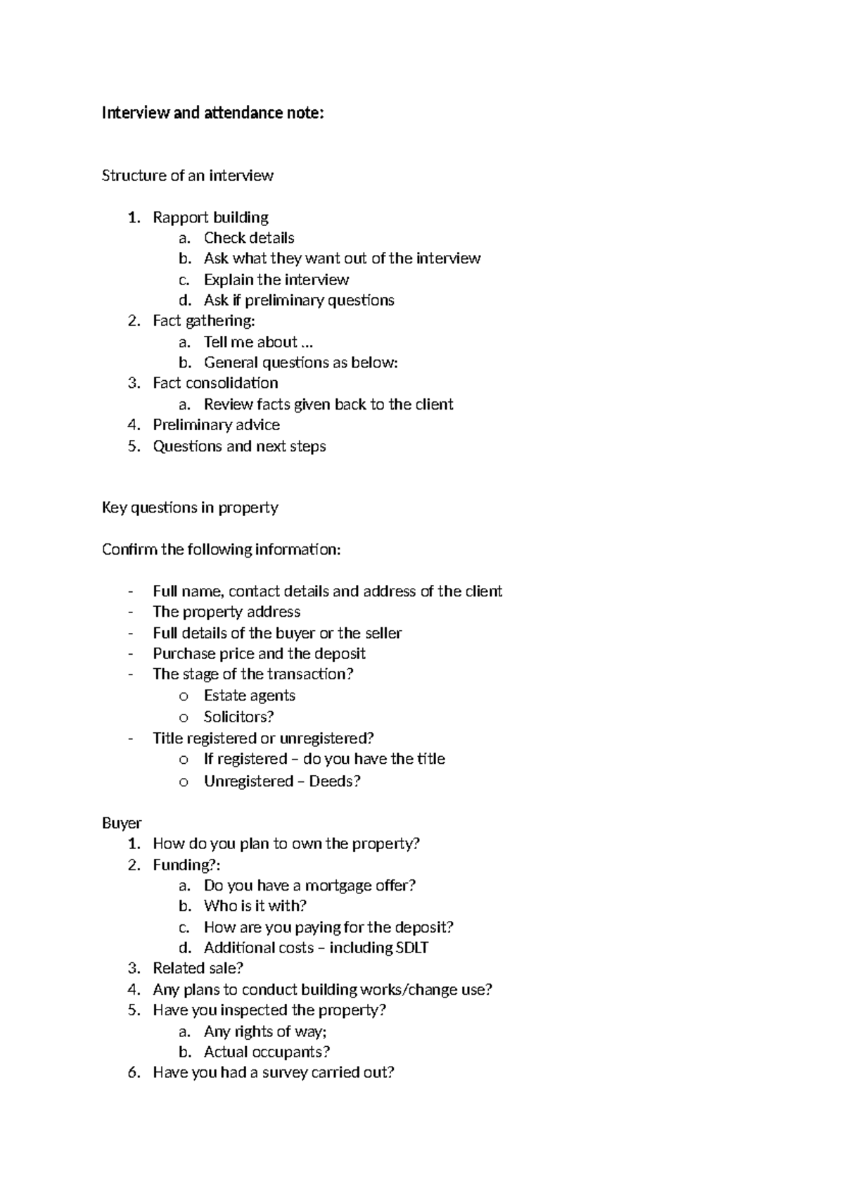 Interview Attendance Notes: Structure & Key Questions for Property ...