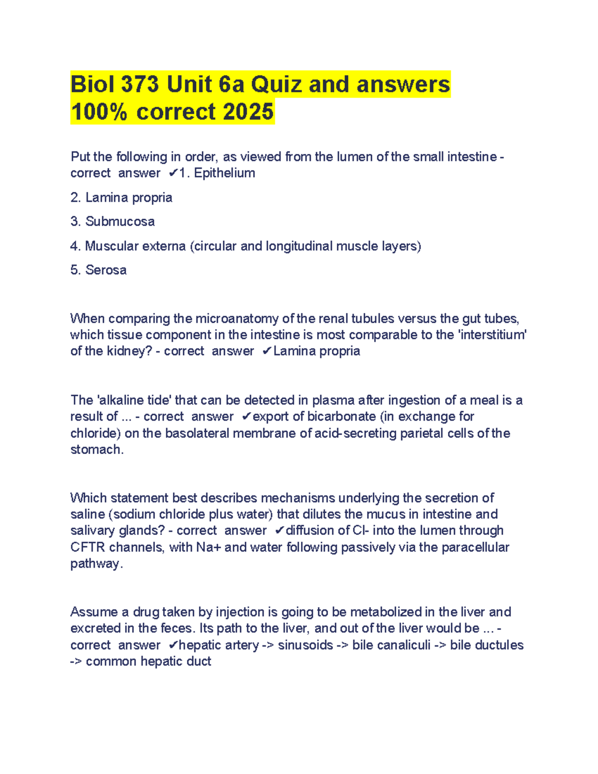 Biol 373 Unit 6a Quiz Answers 2025: Microanatomy & Secretion Mechanisms ...