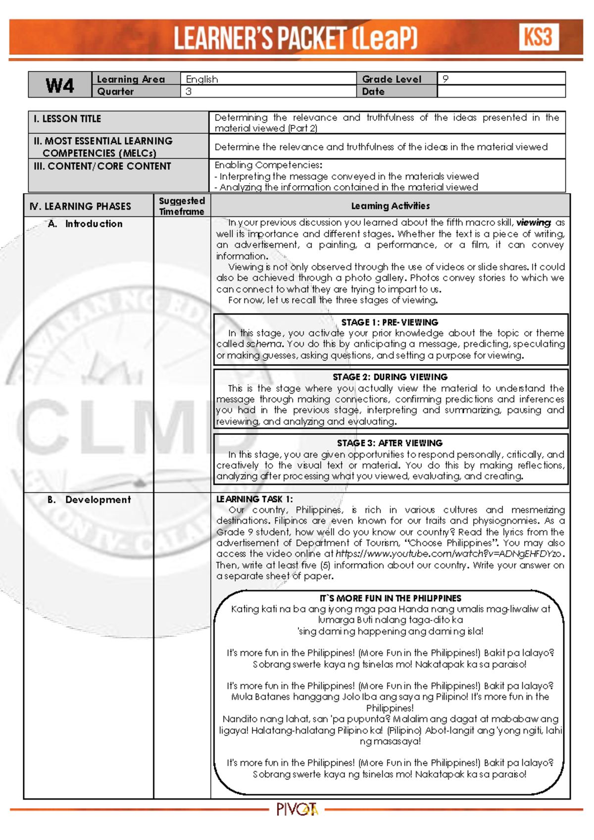English 9 Q3 Week 4 - W Learning Area English Grade Level 9 Quarter 3 ...
