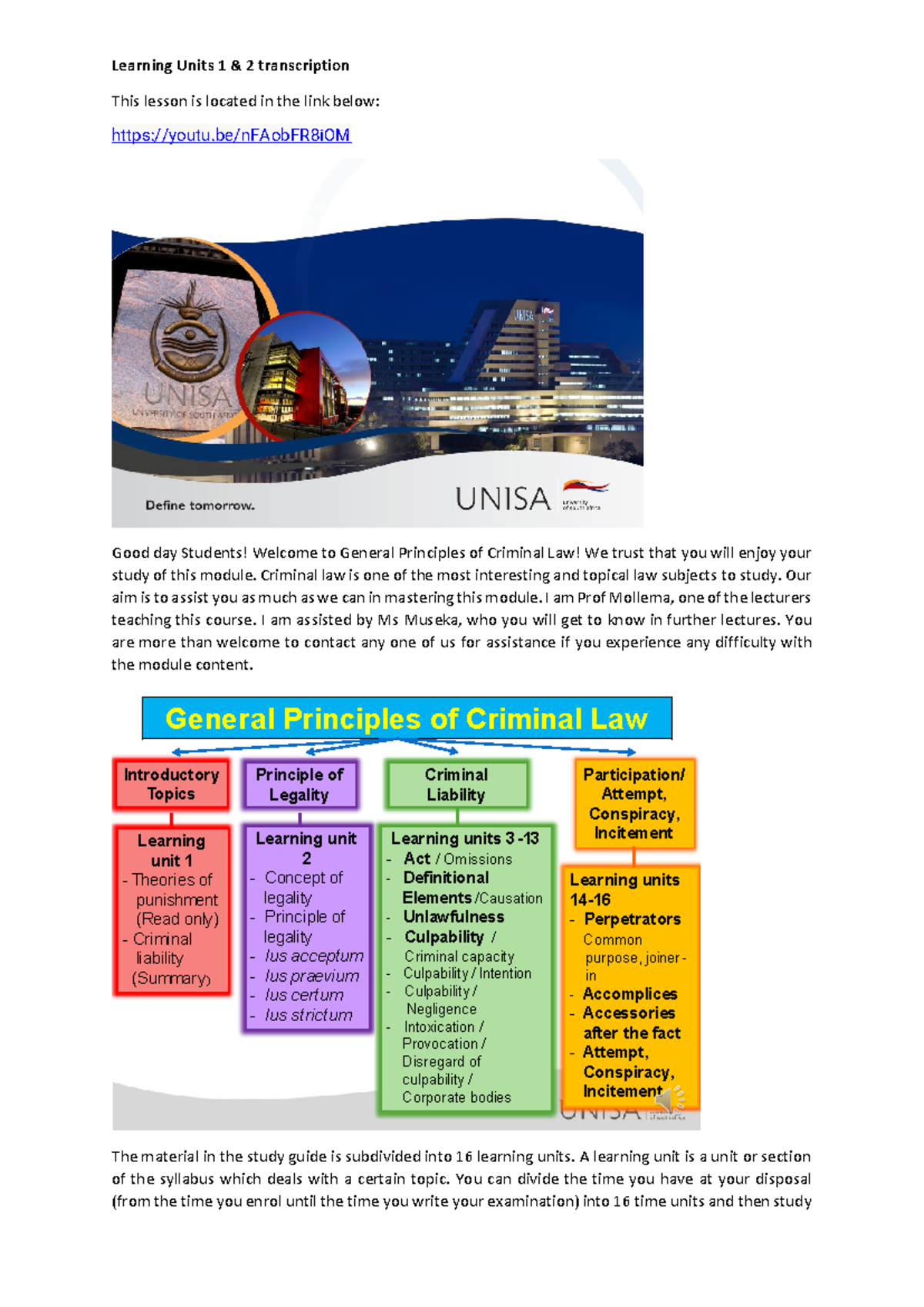 CRW2601 General Principles of Criminal Law: Learning Units 1 & 2 Notes ...