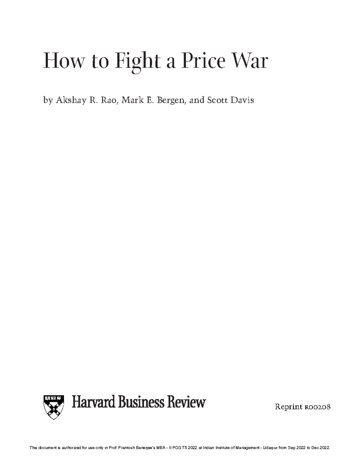 Fighting Price Wars: Strategies and Tactics for R00208 - Studocu