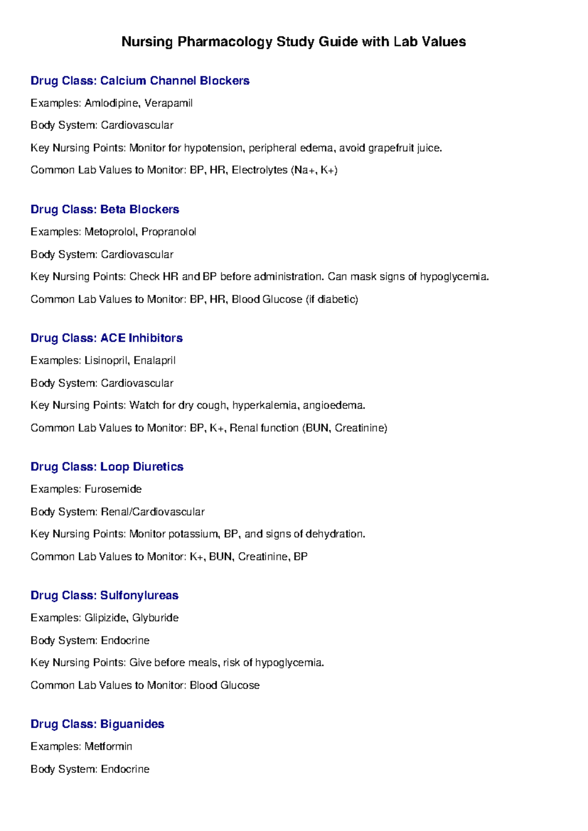 Nursing Pharmacology Study Guide: Key Drug Classes & Lab Values - Studocu
