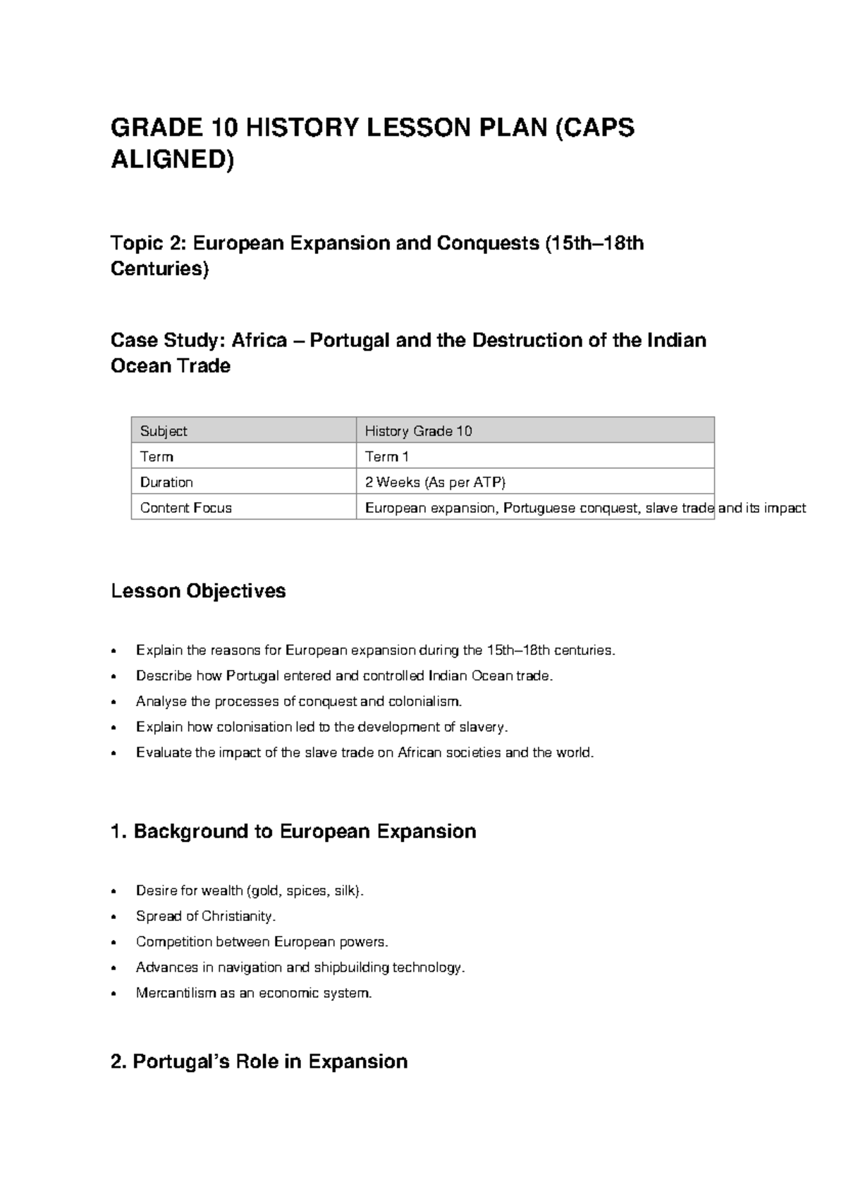 GRADE 10 HISTORY LESSON PLAN: European Expansion & Conquests Case Study ...