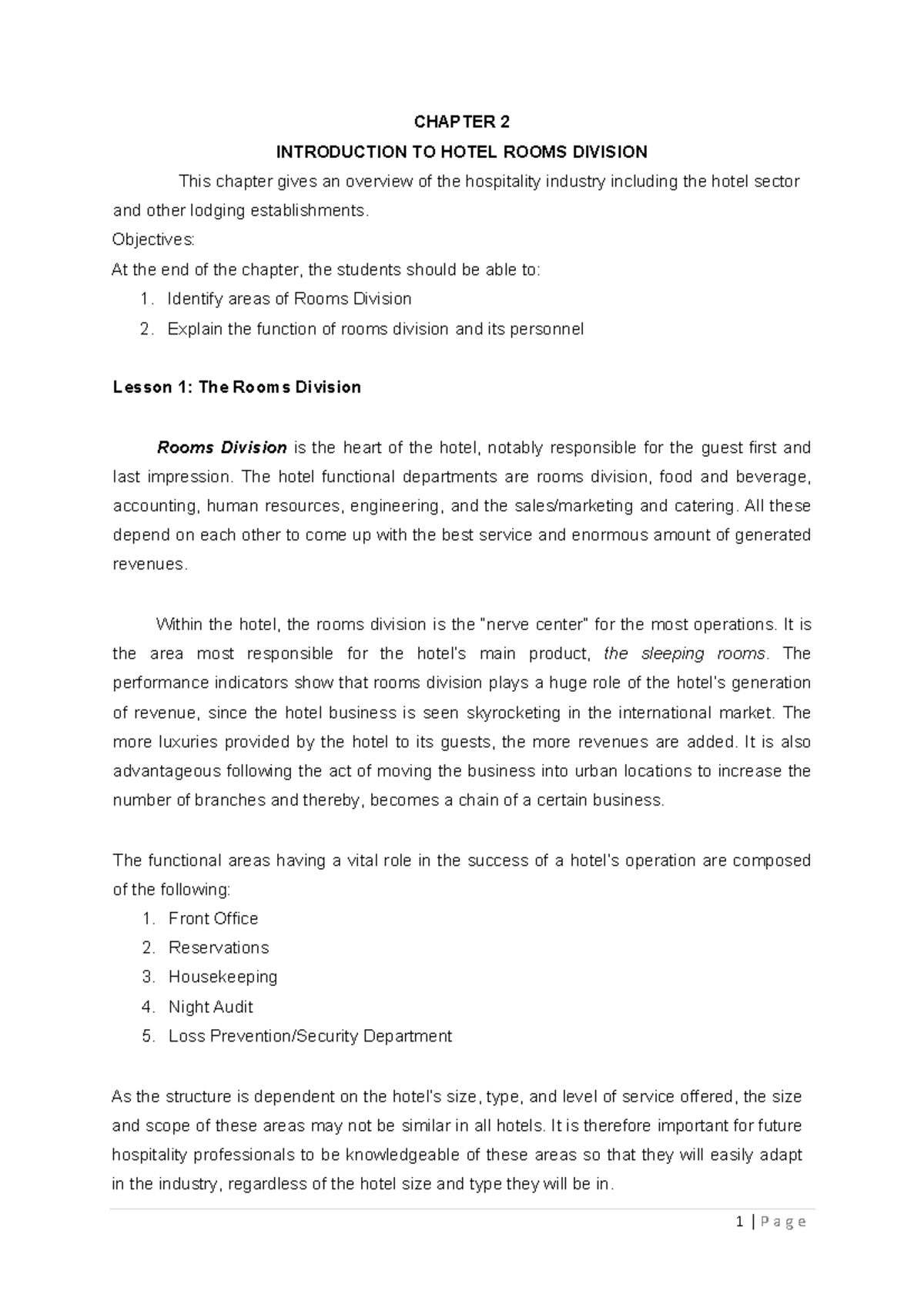 Introduction to Hotel Rooms Division (Chapter 2 - HOSP101) - Studocu