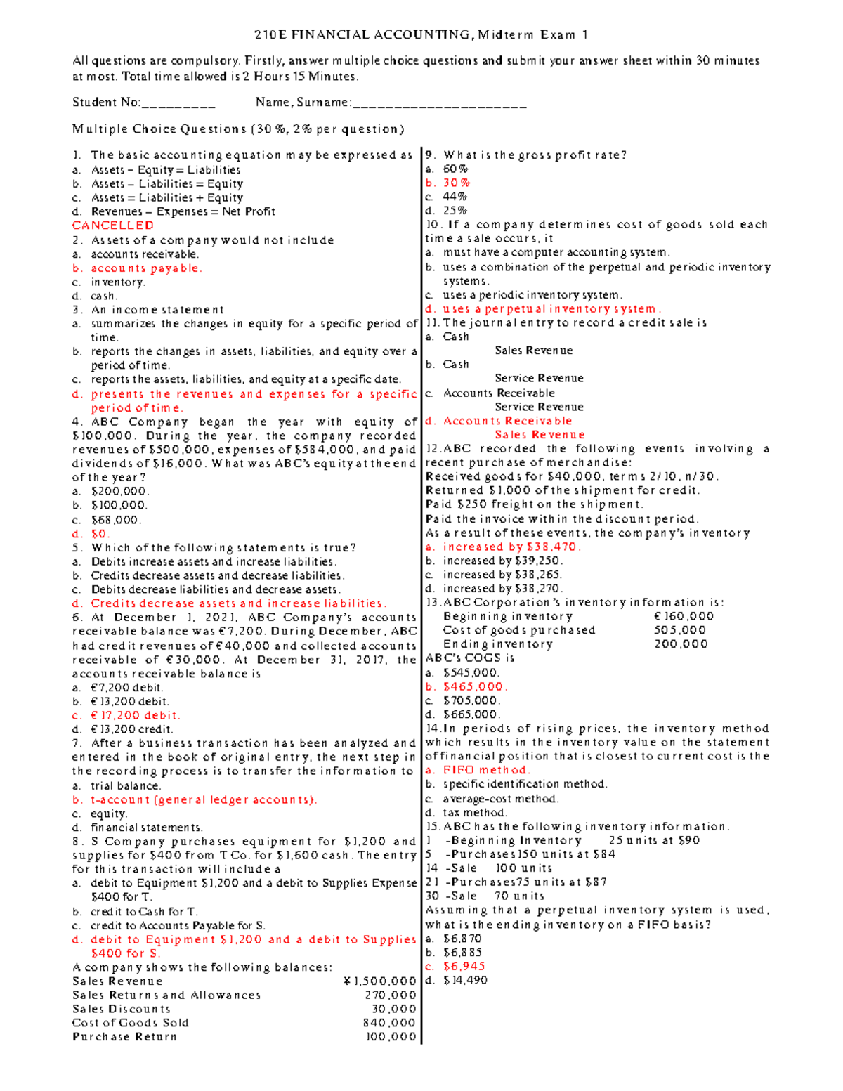 MT1 2022 - midterm - 210E FINANCIAL ACCOUNTING, Midterm Exam 1 All ...