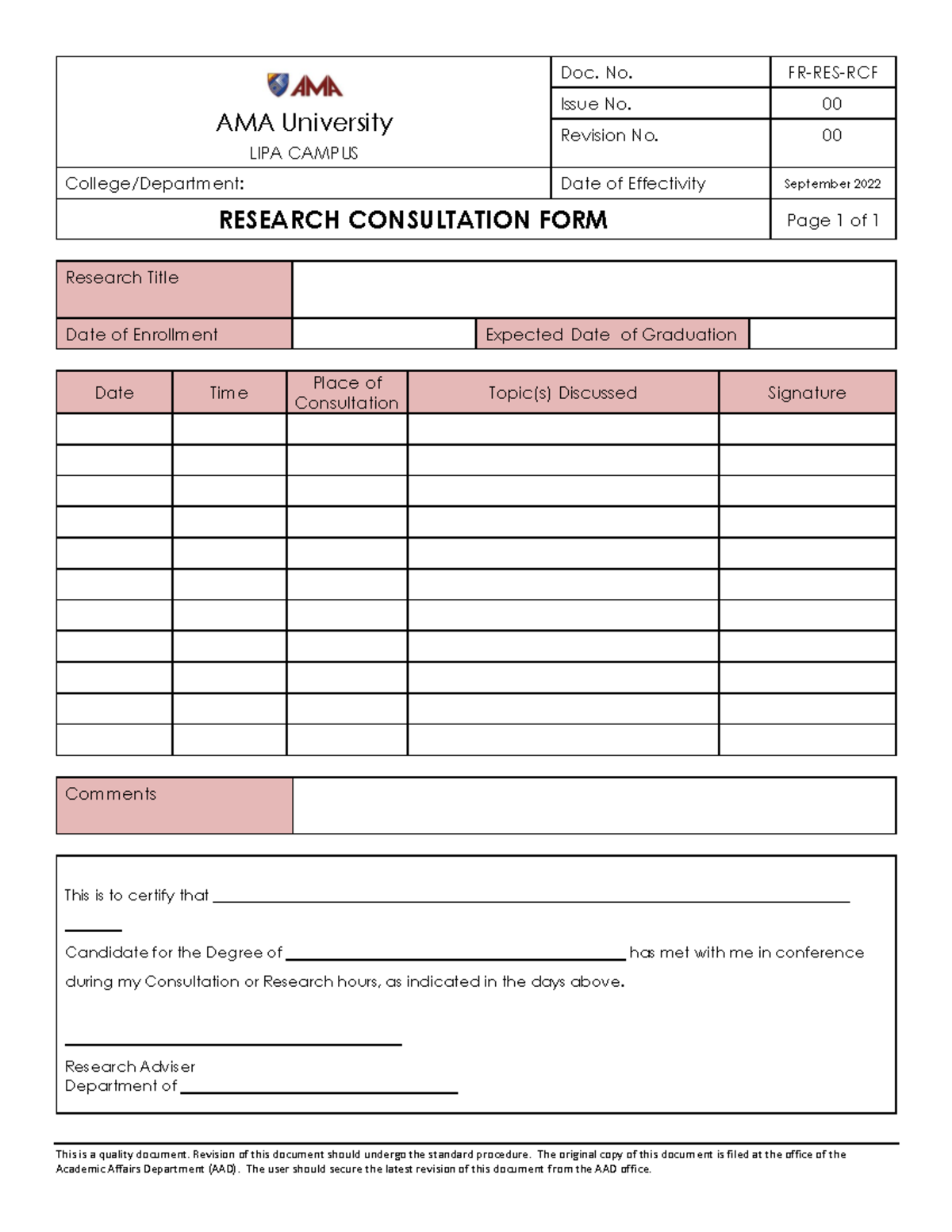 FR-RES-RCF Research Consultation Form - Quality Assurance Document ...