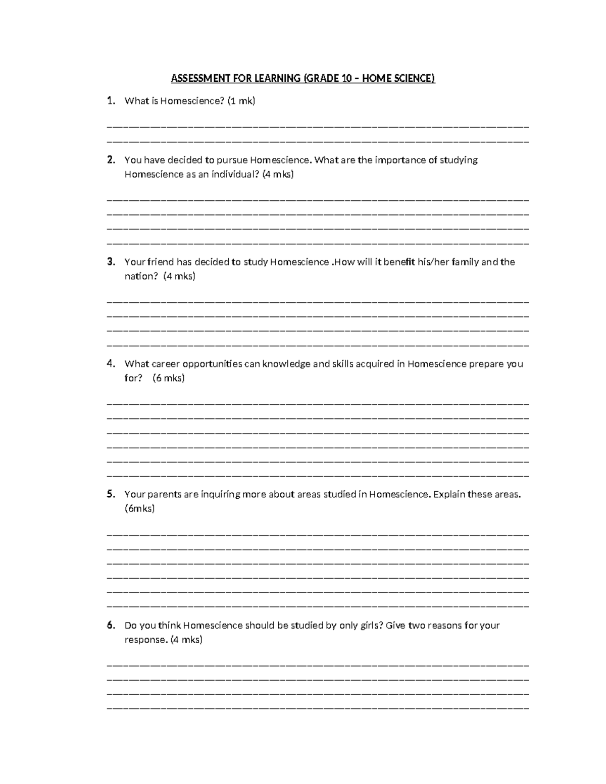 GRADE 10 HOME SCIENCE: ASSESSMENT FOR LEARNING QUESTIONS - Studocu