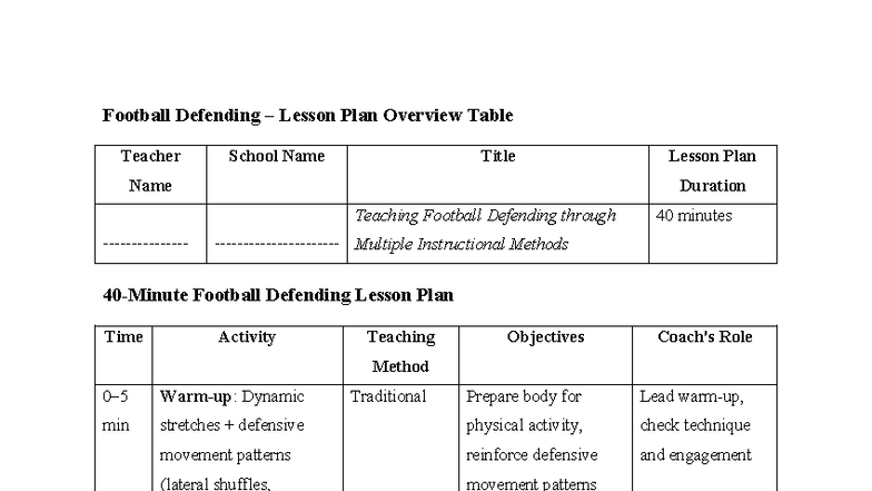 Football Defending Lesson Plan Overview (40 min) - Studocu