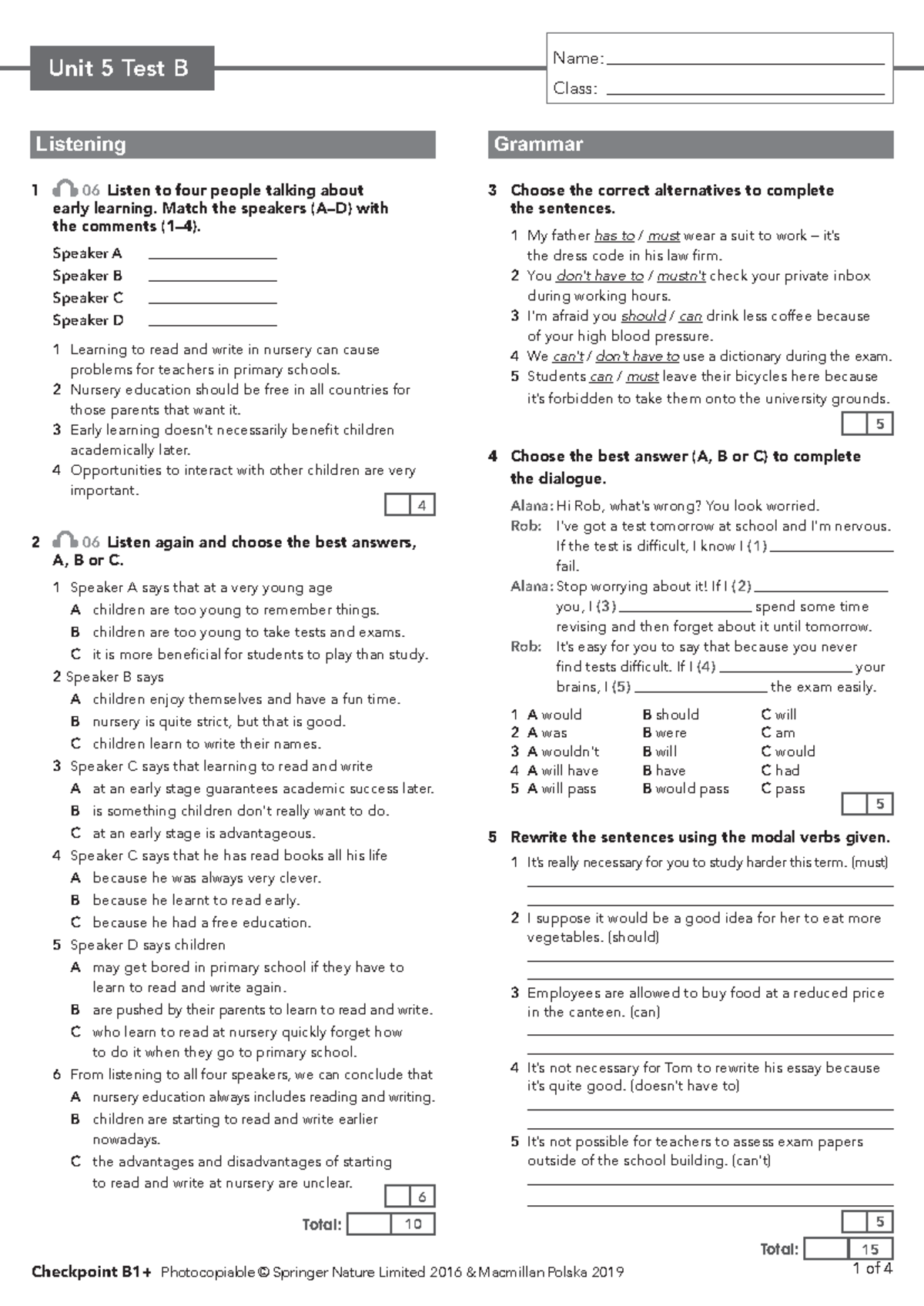 Unit 5 Test B - Grammar, Listening, Vocabulary, Writing & Speaking ...