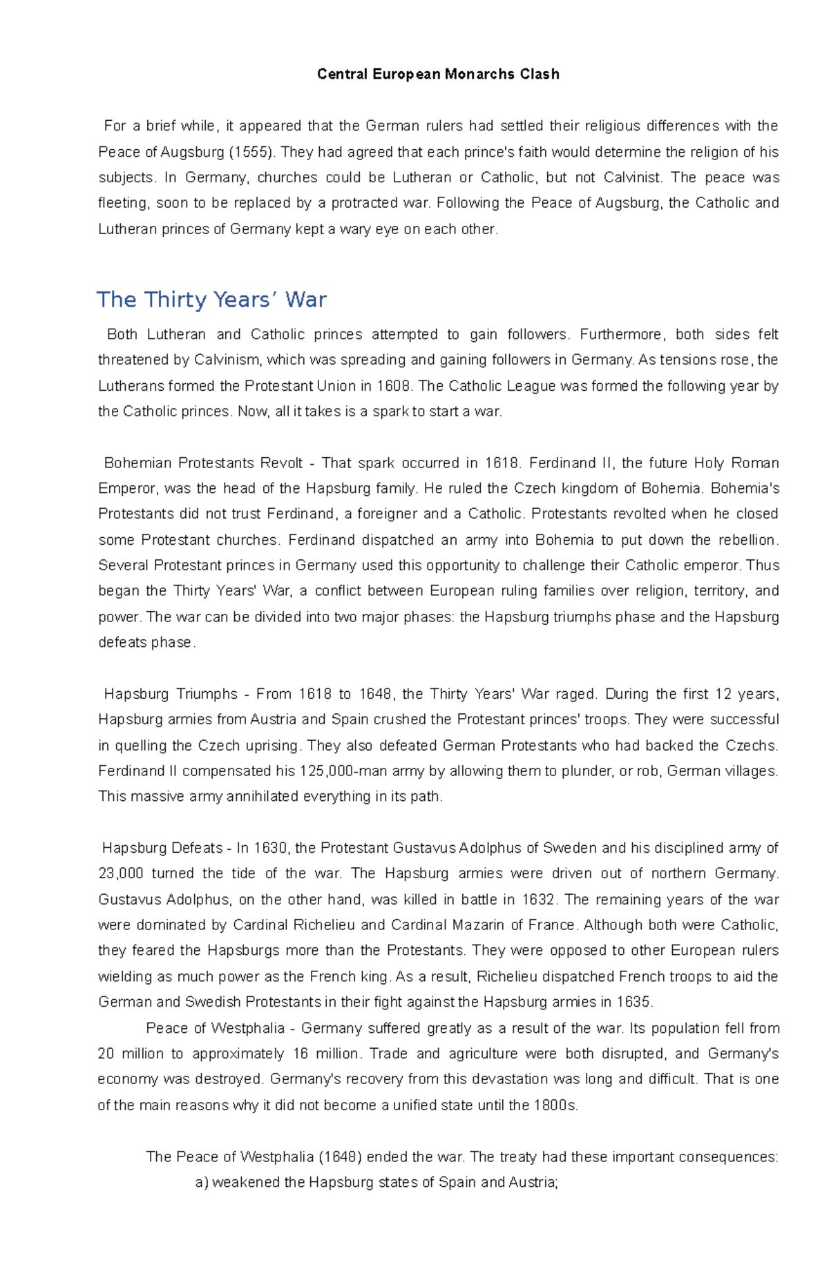 HIST 201: The Thirty Years' War and Central European Monarchs - Studocu
