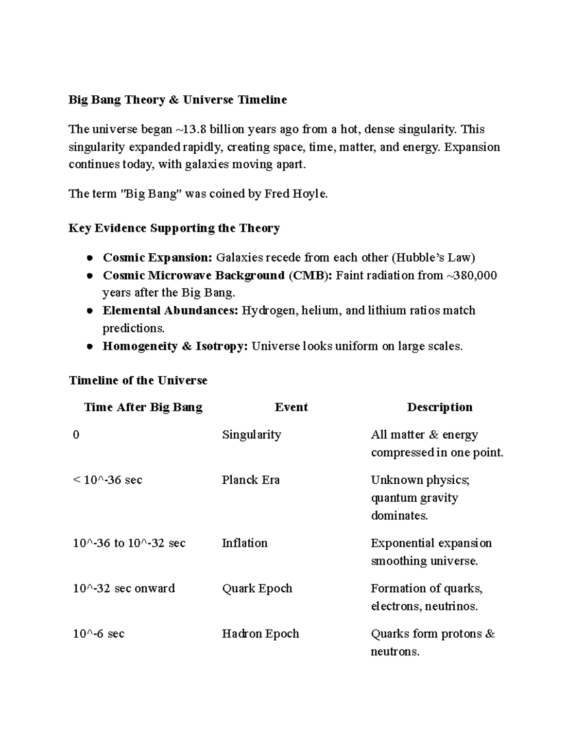 Big Bang Theory: Universe Timeline and Key Evidence - Studocu