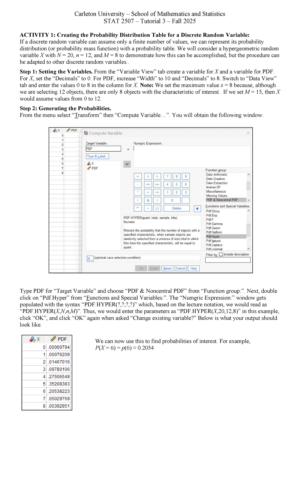 STAT 2507 Tutorial 3 Fall 2025: Probability Distribution Table for ...