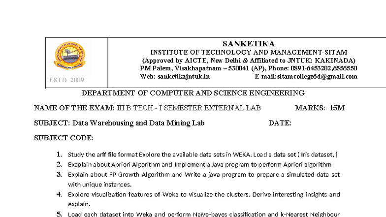 B.TECH I SEMESTER EXTERNAL LAB: DWDM QP - 15M - Studocu
