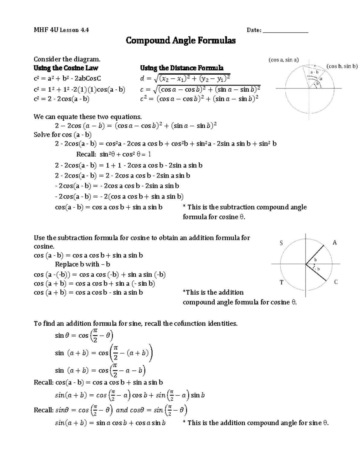 MHF 4U Lesson 4.4: Understanding Compound Angle Formulas - Studocu