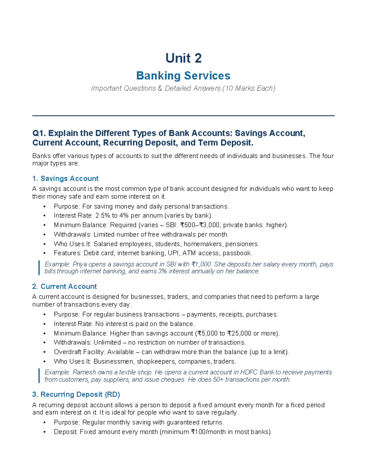 Unit 2 Banking Services: Key Questions & Detailed Answers (10 Marks ...