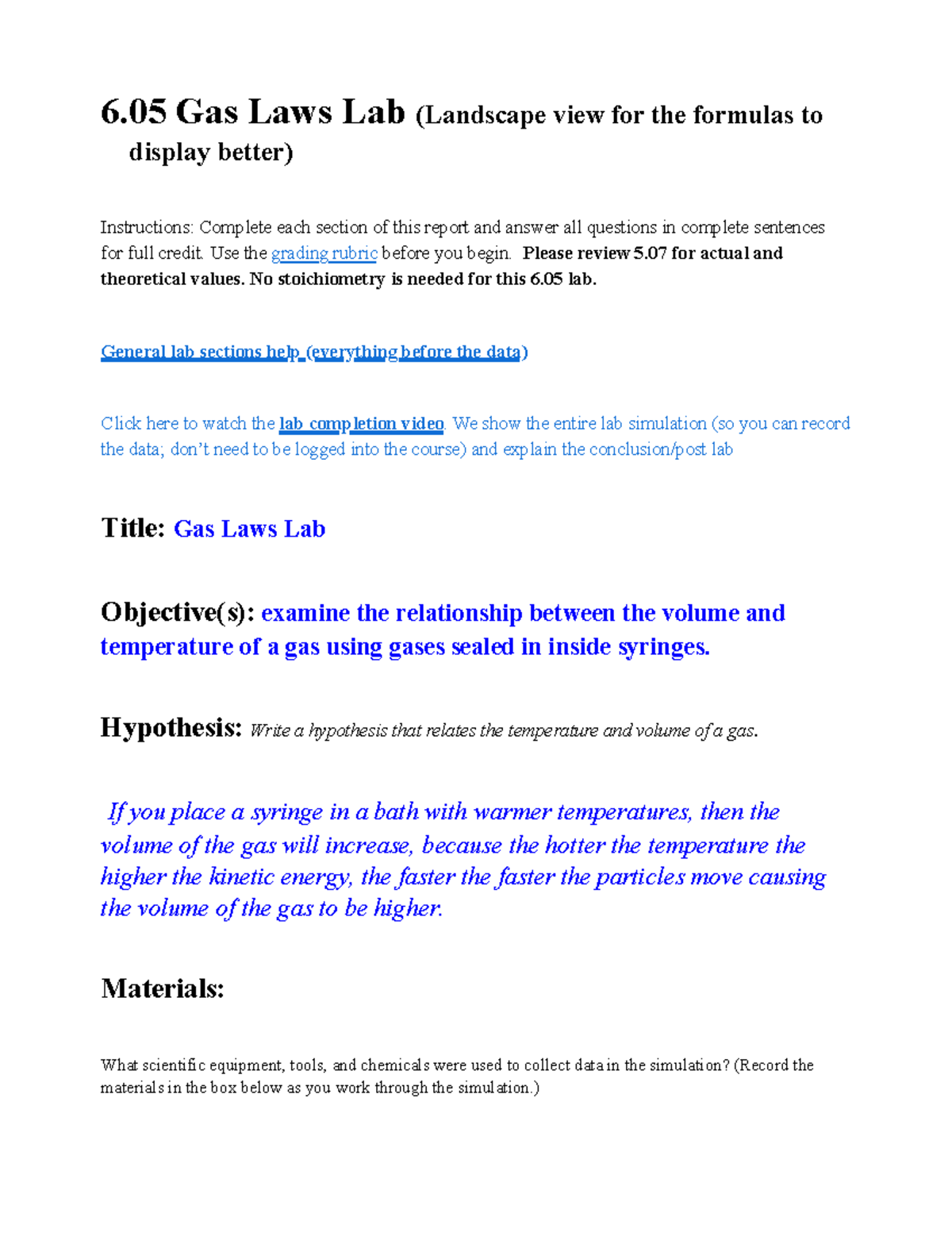6.05 Gas Laws Lab - Exploring Volume-Temperature Relationships - Studocu