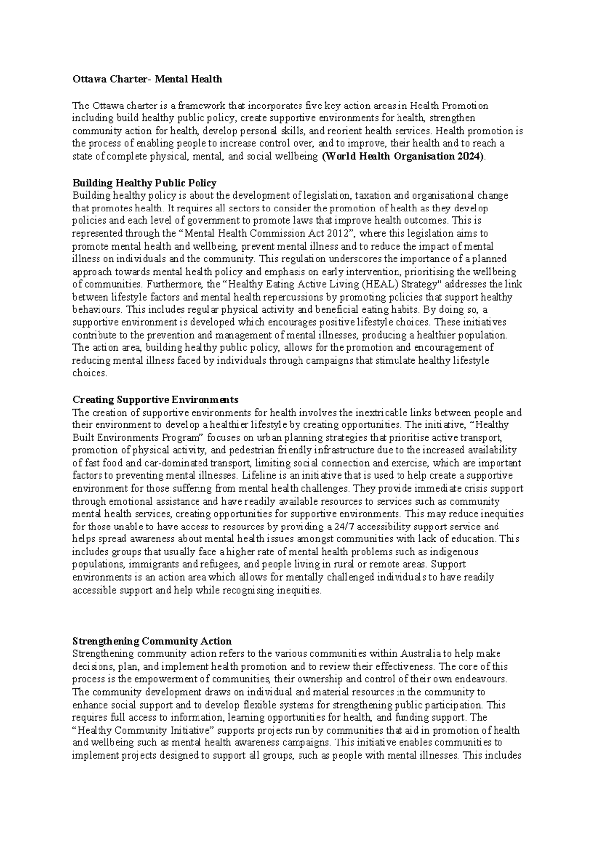 Ottawa Charter - Key Action Areas in Mental Health Promotion - Studocu