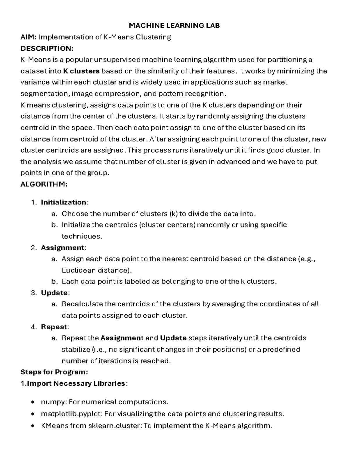 ML Lab - K-Means Clustering Implementation and Analysis - Studocu
