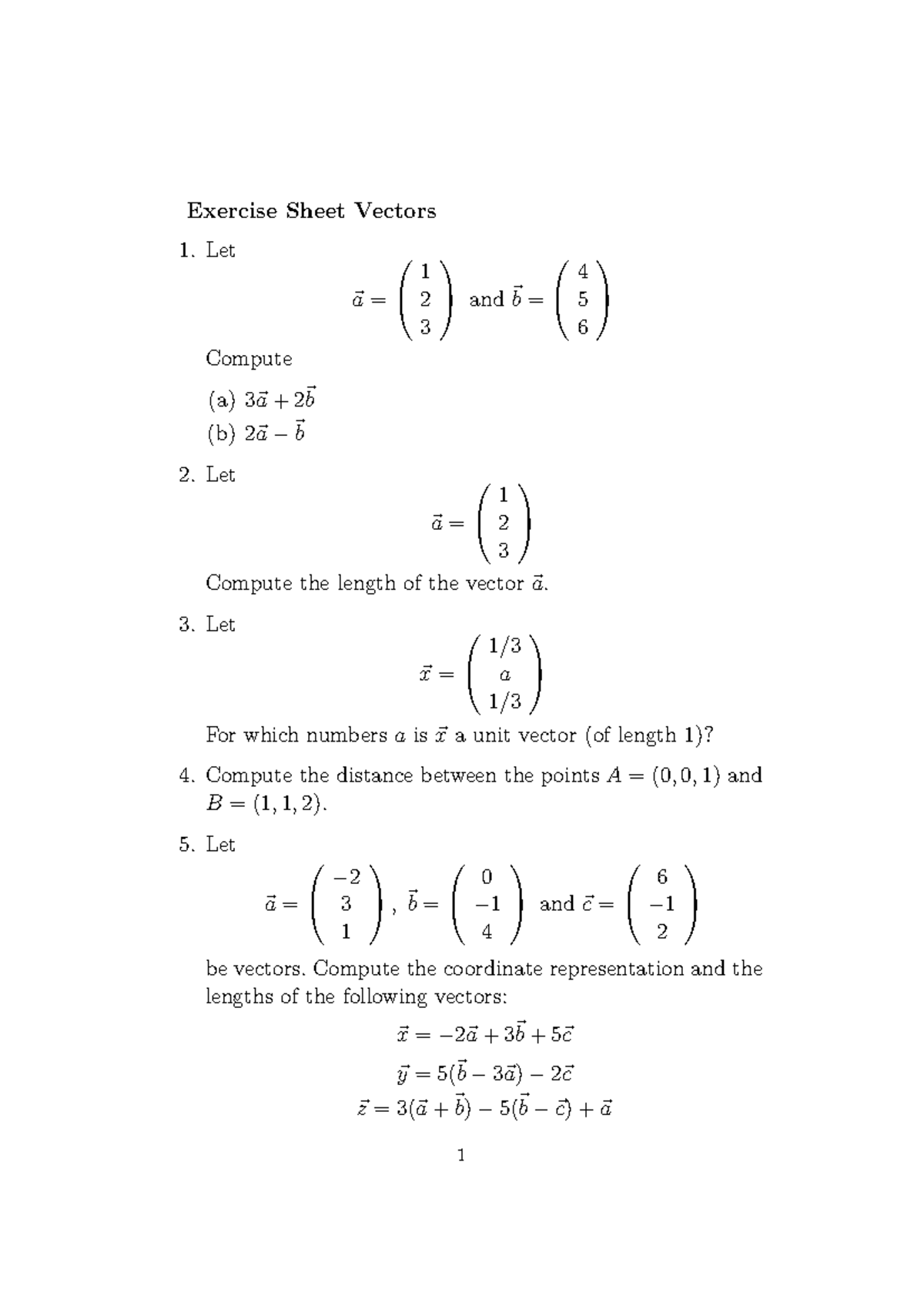 Exercise Sheet: Vectors 1 - Problem Set and Solutions - Studocu