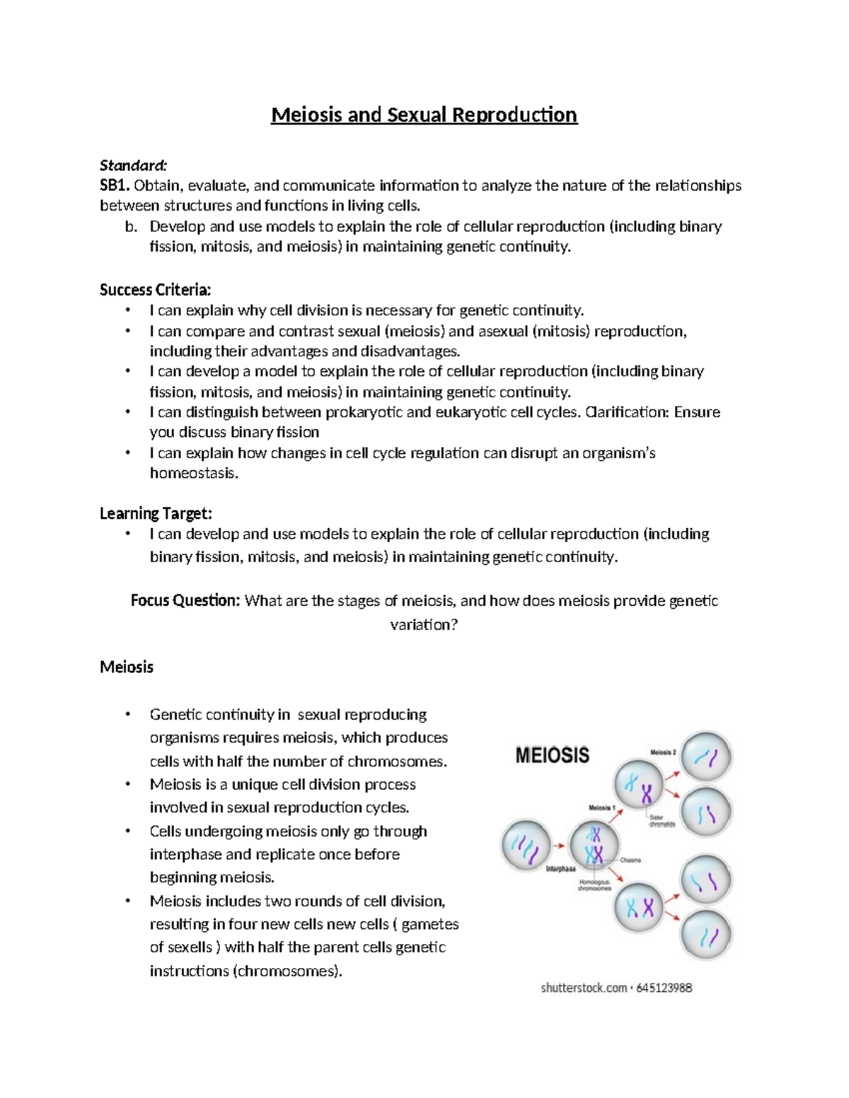 Meiosis and Sexual Reproduction: Guided Notes (Biology SB1) - Studocu