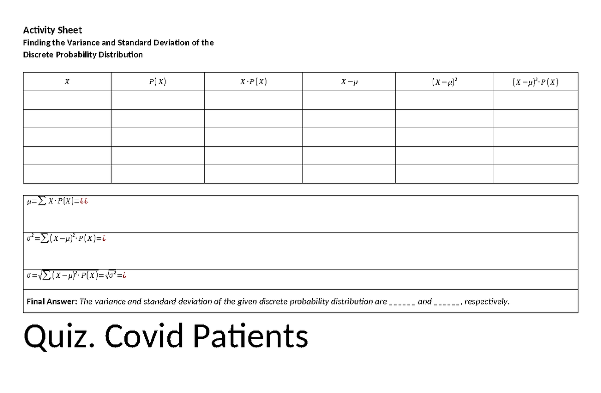 english workbook - Activity Sheet ####### Finding the Variance and ...